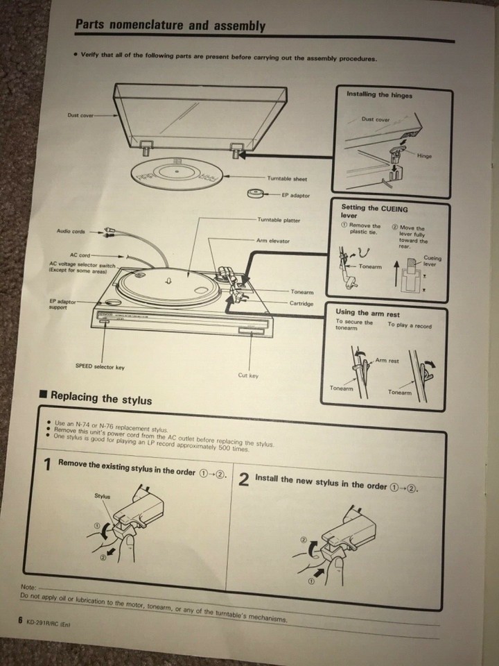 KENWOOD Automatic Return Turntable Instruction Manual KD-291R KD-291RC ...