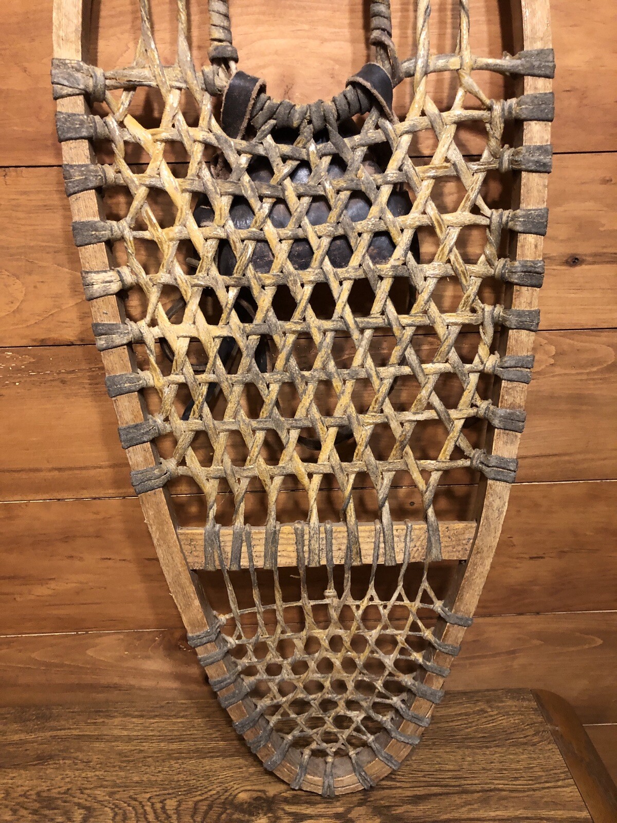 Vintage Snowshoes handmade moose sinew webbing Bear paw style leather ...