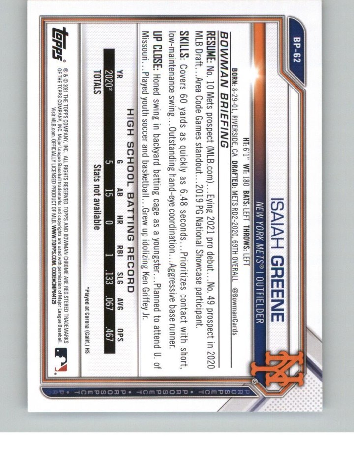 2021 Bowman Isaiah Greene BP-62 Prospects New York Mets | eBay
