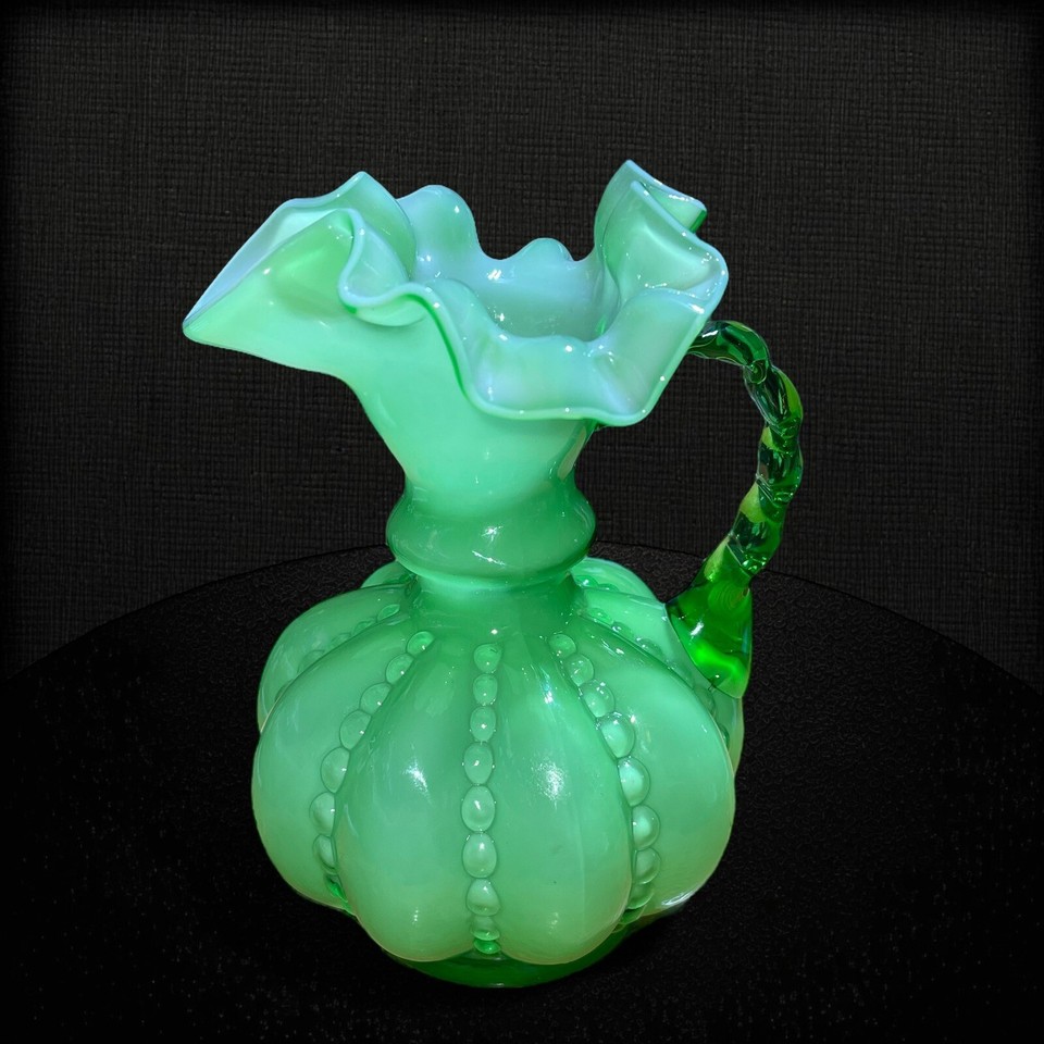 6” FENTON Glass Pitcher Vase Beaded Melon Green Overlay Vintage ...