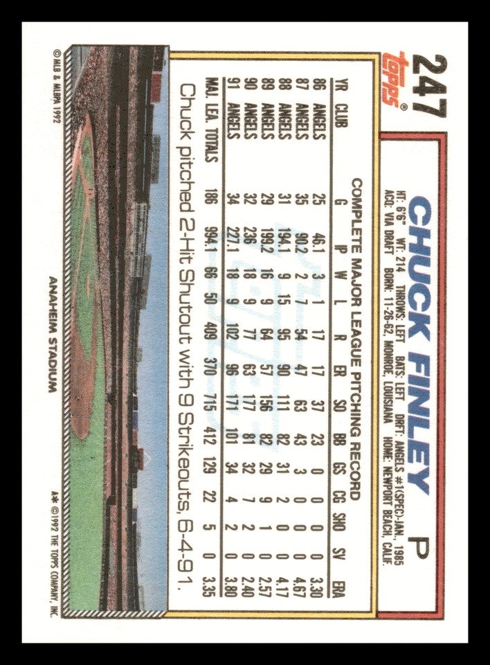 1992 Topps Chuck Finley California Angels #247 Centered Mint | eBay