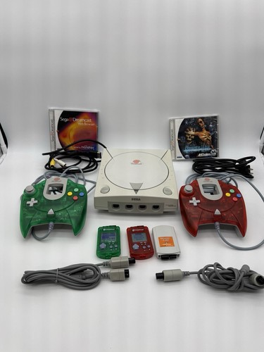 Sega Dreamcast Bundle -green Red Clear Controllers VMU Extender Cables ...