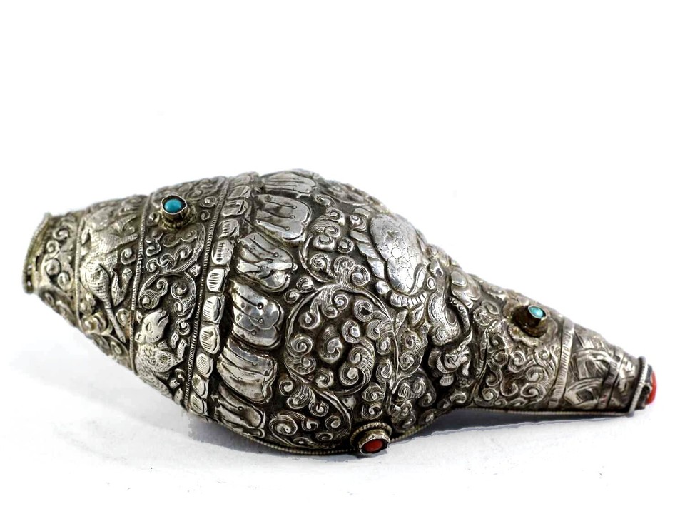 Tibetan Silver Blowing Shankh Conch Shell Trumpet Horn Ritual Turquoise ...