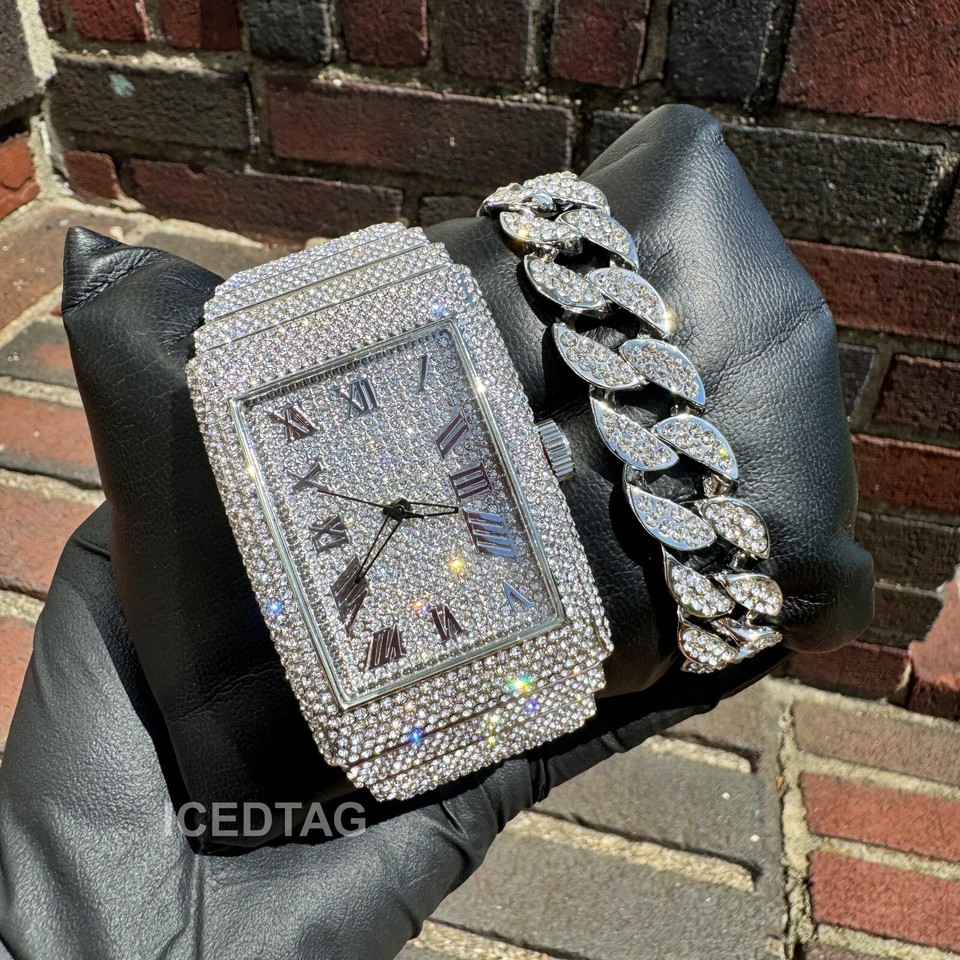 Mens Full Iced Bling Out Luxury Silver Simulated Diamond Heavy Watch ...