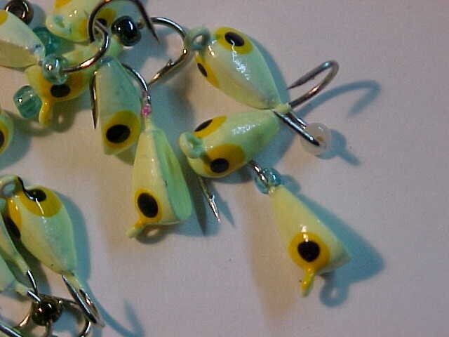 25 NEW GLOW GILL ICE FISHING PILLS jigs BLUEGILL PANFISH SIZE 12 flat ...