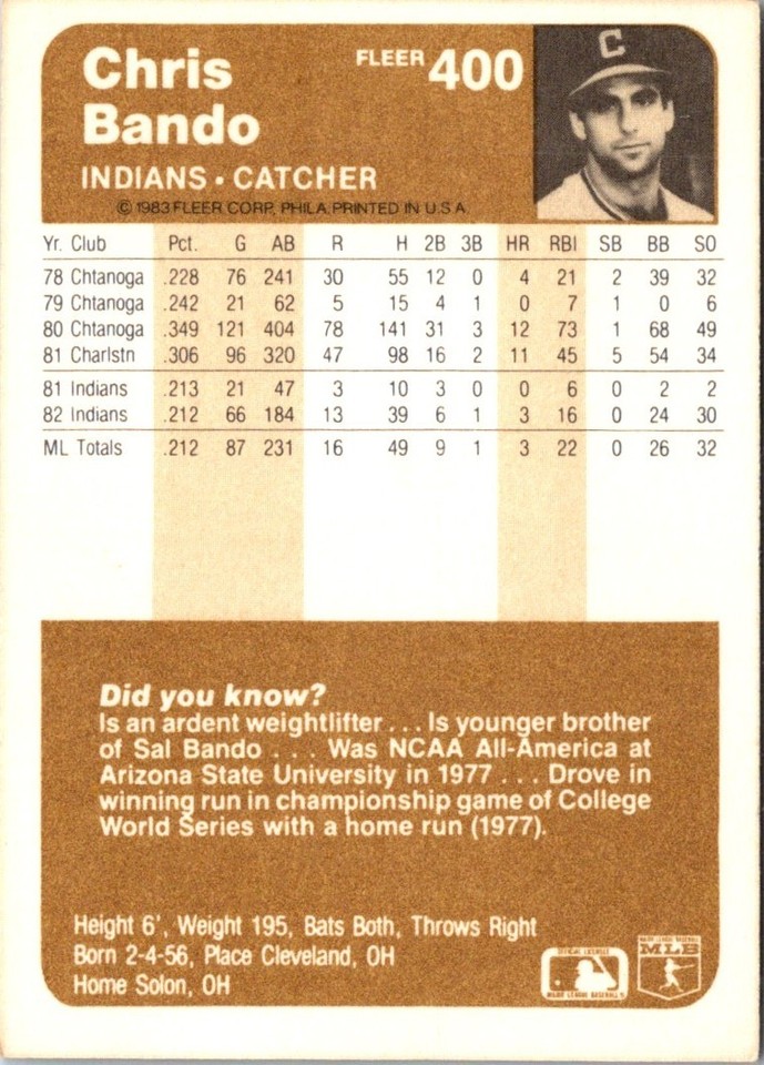 1983 Fleer Chris Bando #400 Cleveland Indians Baseball Card | eBay