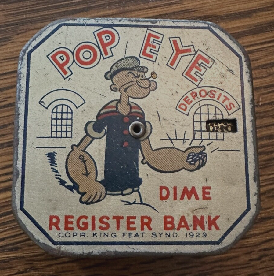 C1929 Lithographed tin Popeye Dime Register Bank ~ Nice paint | eBay
