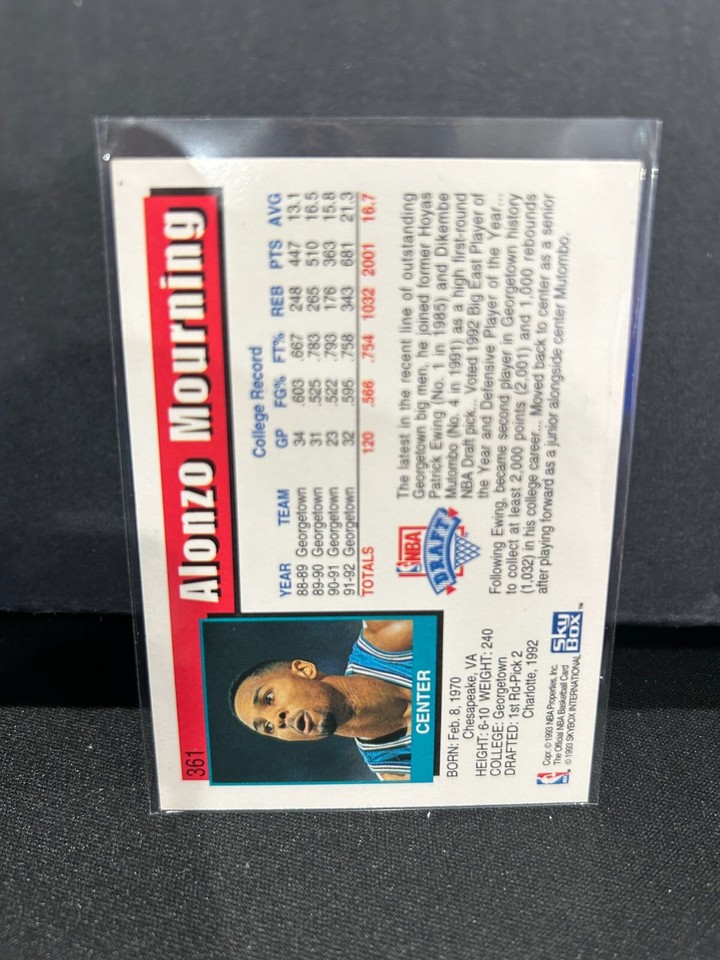 1992-93 Hoops #361 Alonzo Mourning Charlotte Hornets Rookie Basketball ...