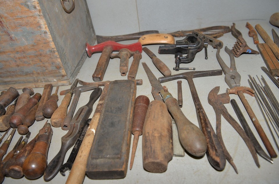 Antique wood chest & huge lot of collectible leather working saddler ...