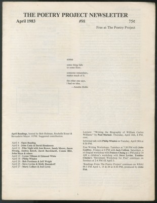 Anselm HOLLO, Sara Brown Weitzman / Poetry Project Newsletter No 98 ...