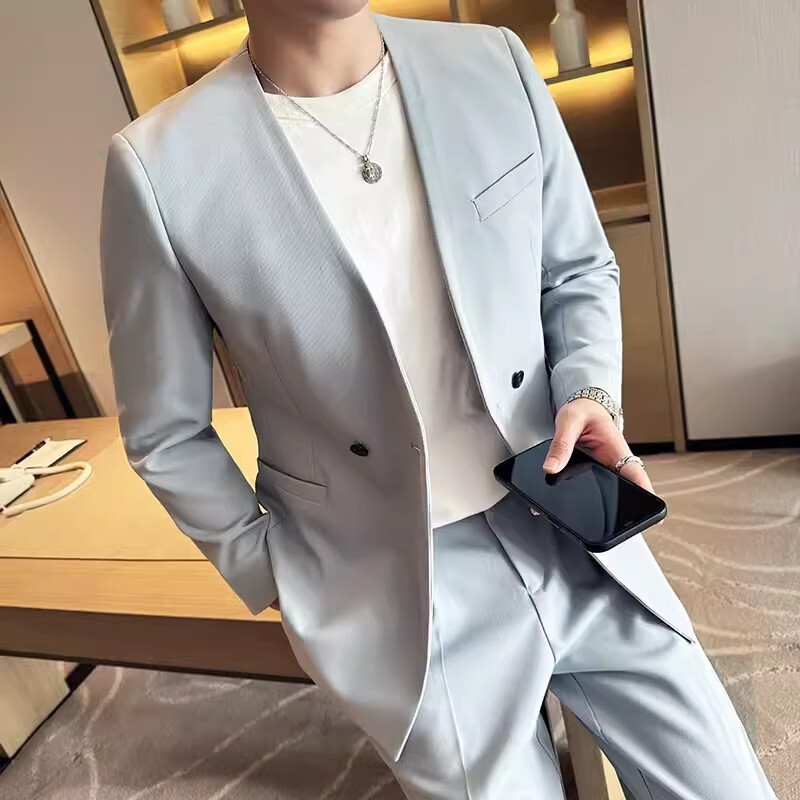 Sexy Collarless Suit Mens Blazer Formal Spring Casual Suit Coat With ...