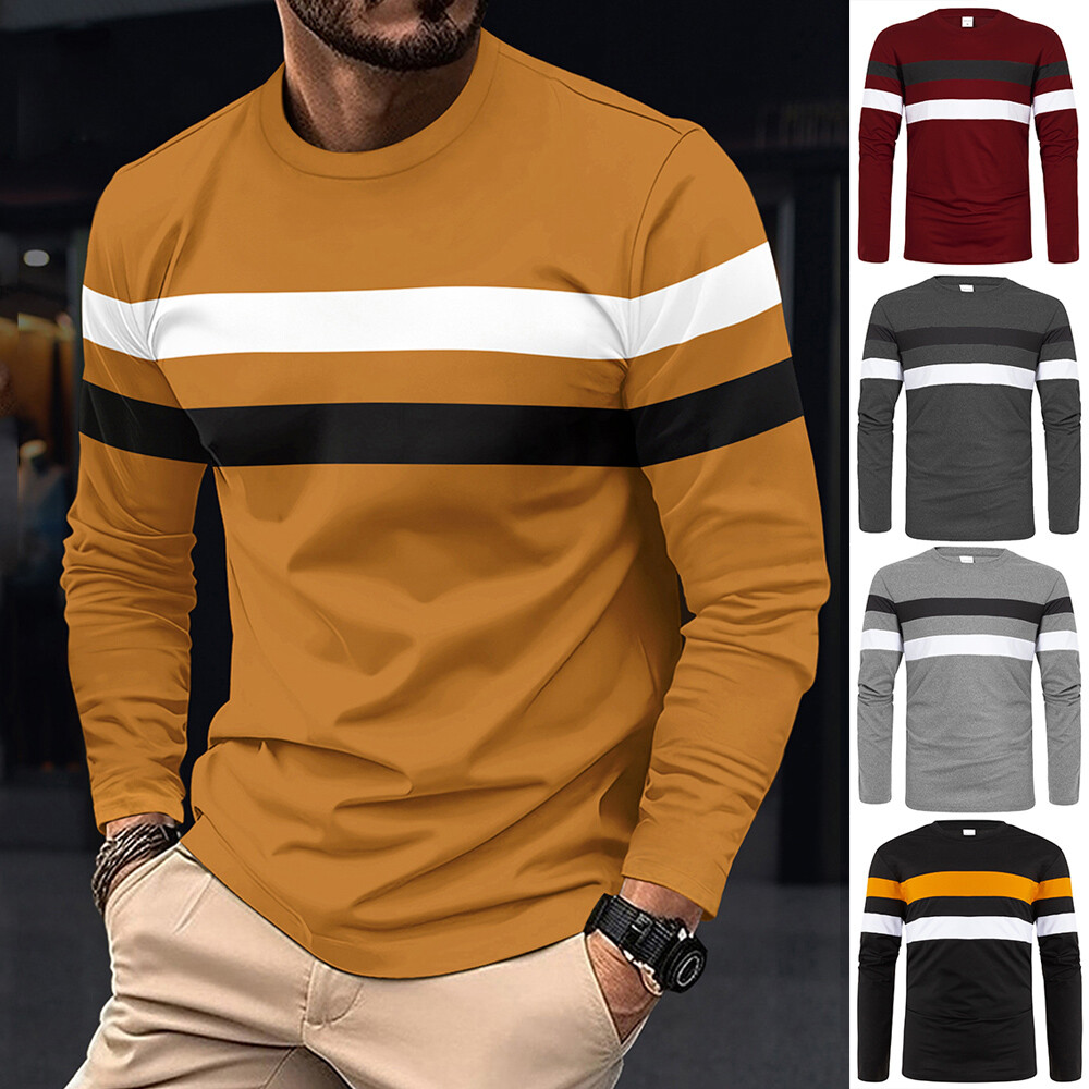2024 New Mens Long Sleeve Colorblock T-Shirt Crew Round Neck 2024 New Mens Long Sleeve Colorblock T-Shirt Crew Round Neck