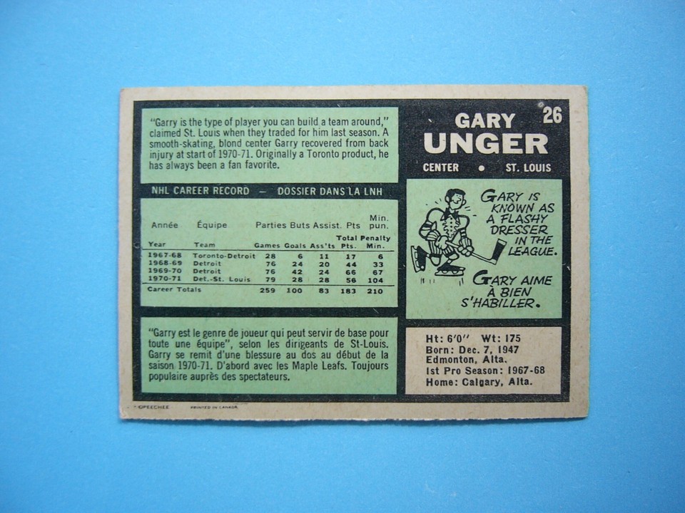 1971/72 O-PEE-CHEE NHL HOCKEY CARD #26 GARRY UNGER EX/NM SHARP!! 71/72 ...