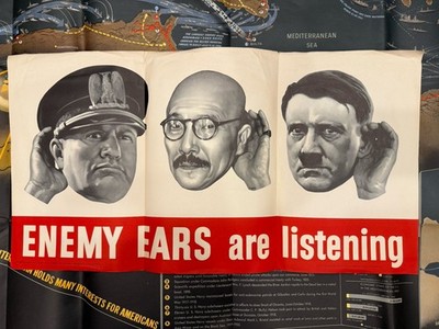 Orig WW2 WWII Poster Enemy Ears Are Listening Mussolini Hirohito Hitler ...