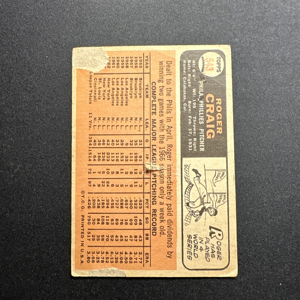 1966 TOPPS BASEBALL PHILADELPHIA PHILLIES ROGER CRAIG HIGH NUMBER CARD ...