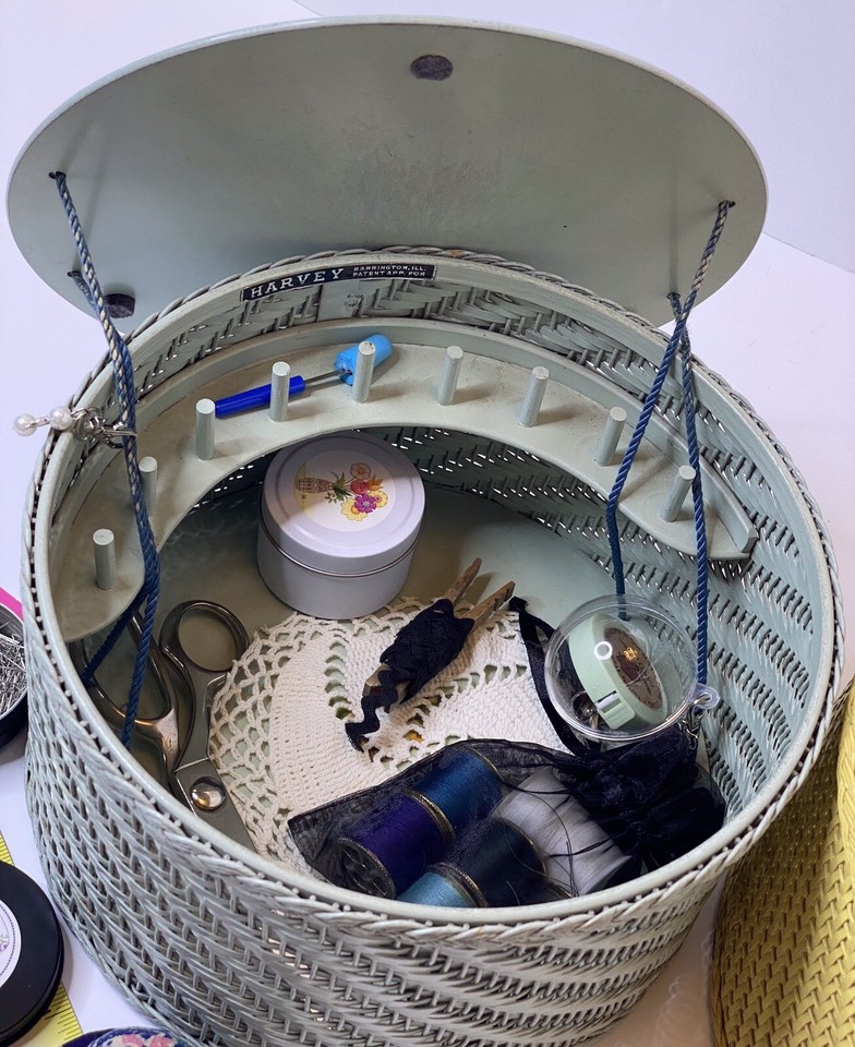 3 THREE Wicker Sewing Baskets Notions Princess Harvey Keepsake Kits ...