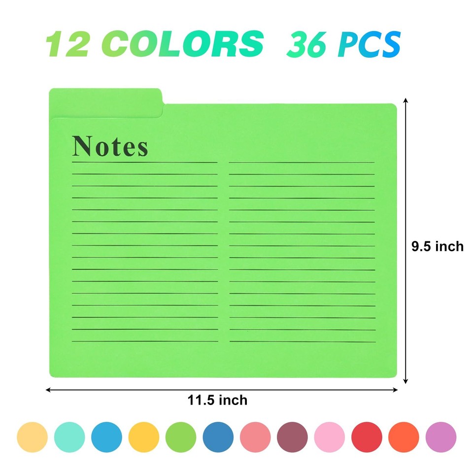 36 Pack Lined File Folders Heavyweight File Folders 12 Vibrant Colors ...
