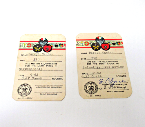 Boy Scouts Merit Badge Cards Lot of 2 1962 Marksmanship Life Saving BSA ...