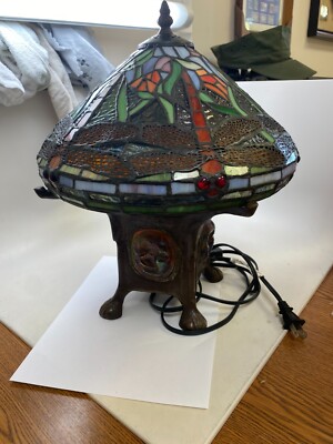 VINTAGE-Stained Glasses Dragon Fly Shade Turtle Back Lamp Rare 15x12 ...