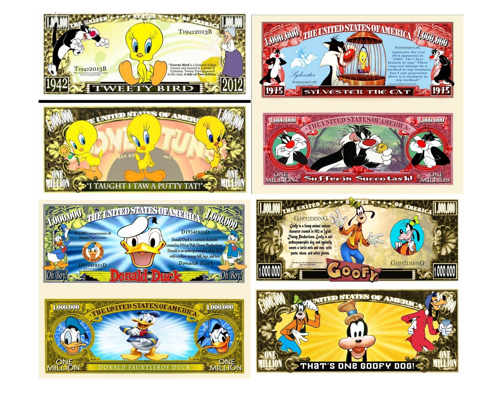 Wacky Classic Cartoons Set of 20 Million Dollar Funny Money Notes ...