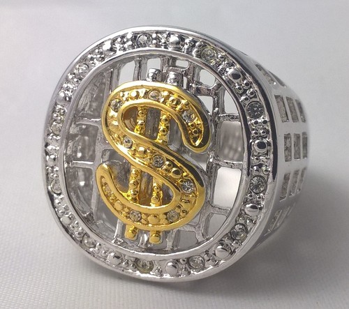 G-Filled 18kt gold simulated diamond Men's dollar ring chunky bling hip ...