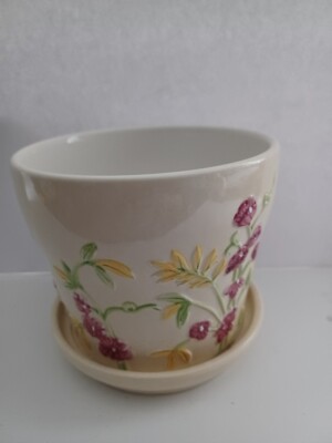 6" Raised Cream Flower Pot With Pink And Yellow Flowers | eBay