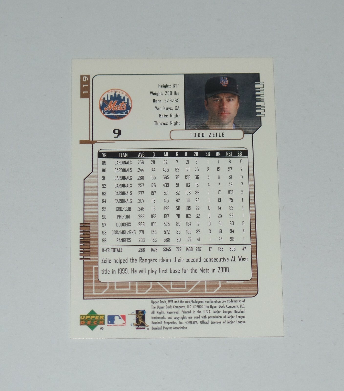 TODD ZEILE SIGNED AUTO'D 2000 UPPER DECK MVP CARD #119 NEW YORK METS ...