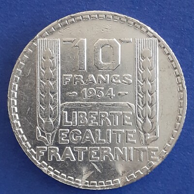 Pièce entaillée de 10 francs TURIN en argent 680/1000 RF 1934 qualité B ...