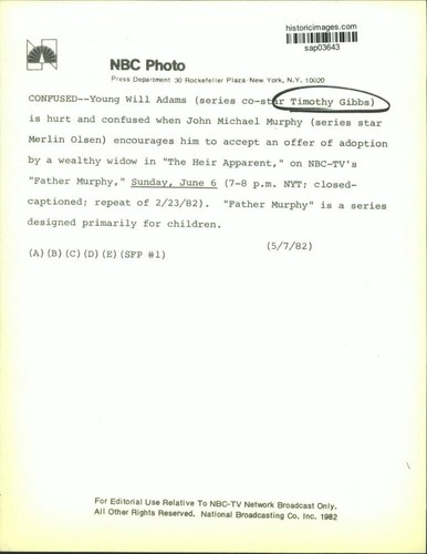 1982 Press Photo Actors Timothy Gibbs and Merlin Olsen on Father Murphy ...