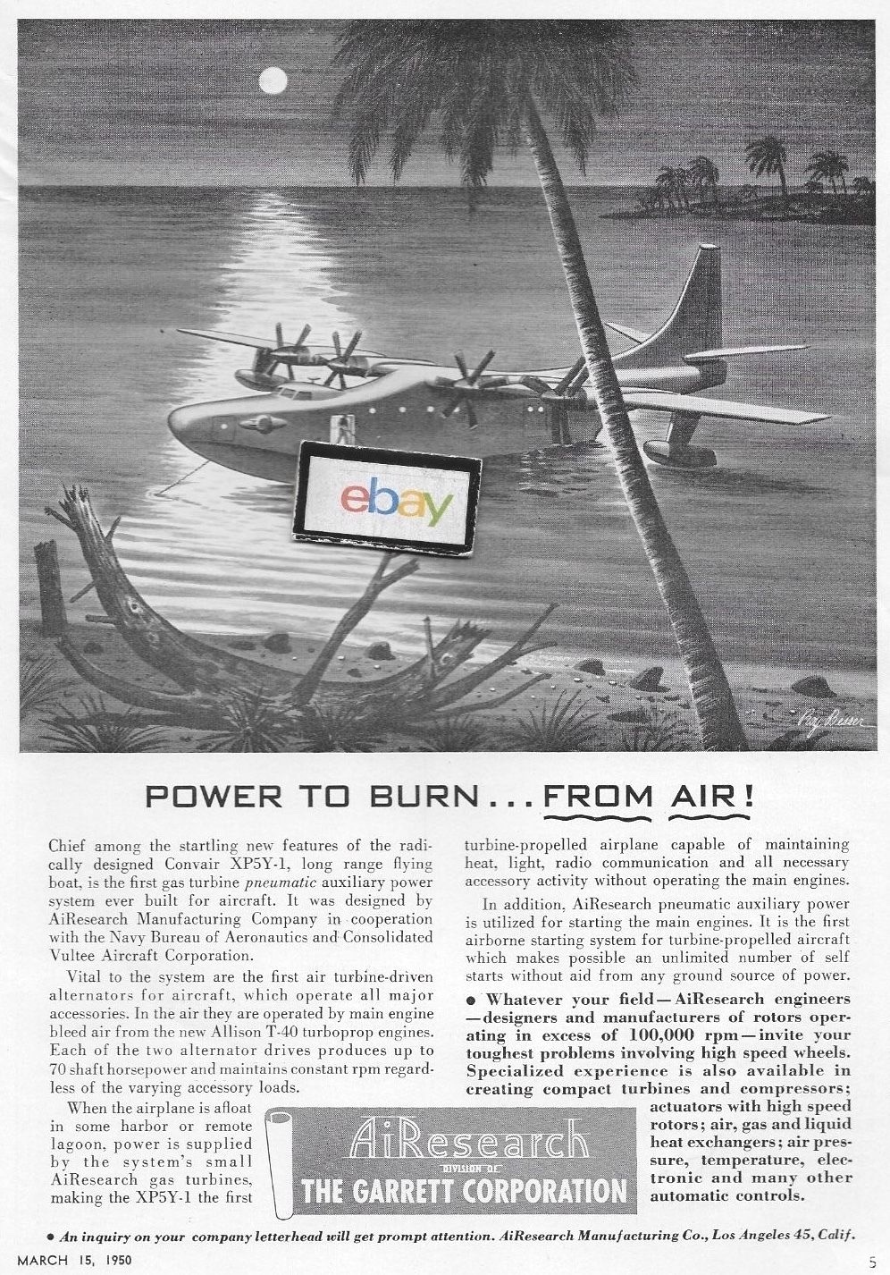CONVAIR AIRCRAFT XP5Y-1 TRADEWIND FLYING BOAT AIRESEARCH GARRETT APU AD ...