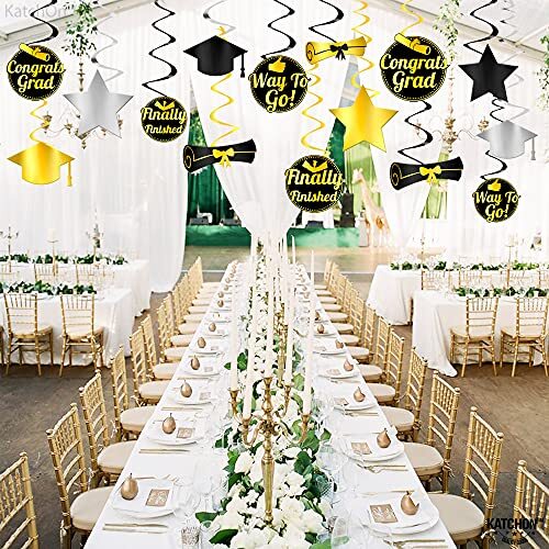 , Graduation Hanging Decorations - Pack of 30, Black and Gold, Silver ...