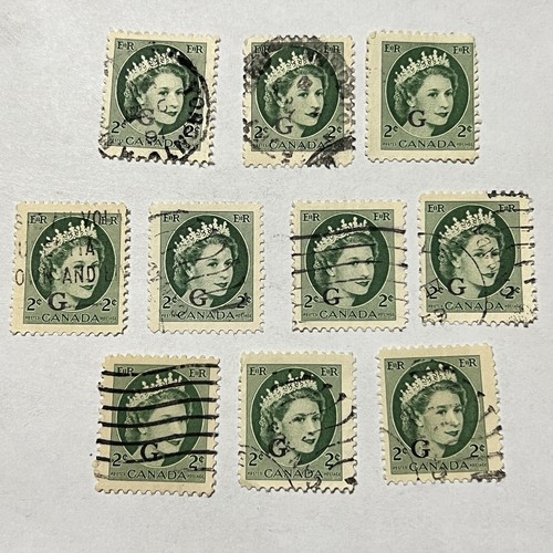 1956 CANADA LOT OF 10 OVERPRINTED "G' STAMPS QUEEN ELIZABETH II WILDING ...