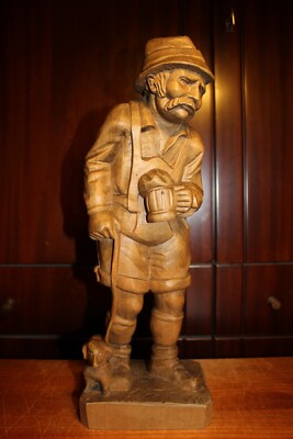 ANTIQUE 17" HAND CARVED WOOD GERMAN OLD MAN BEER DOG STATUE FIGURE ...