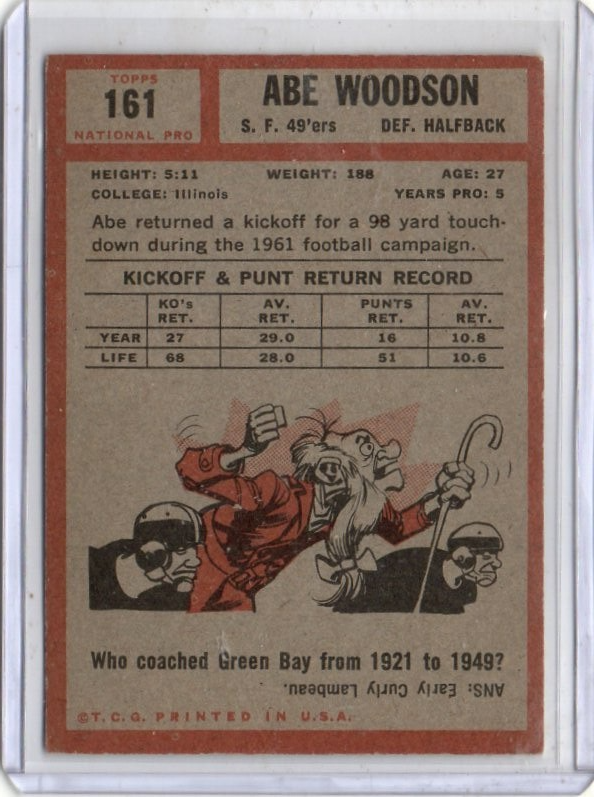 ABE WOODSON 1962 TOPPS FOOTBALL CARD #161 49ERS VG-COND A8 | eBay