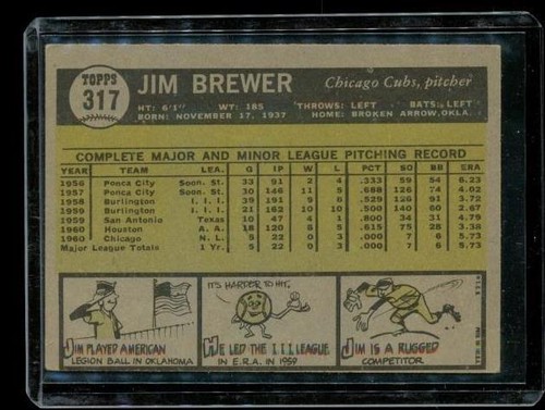 Vintage 1961 TOPPS ROOKIE Baseball Trading Card #317 JIM BREWER Chicago ...