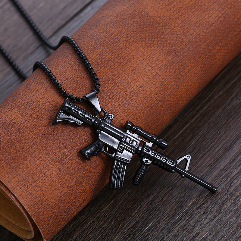 Mens Punk Machine Gun Pendant Necklace Hip Hop Rock Biker Jewelry Box ...