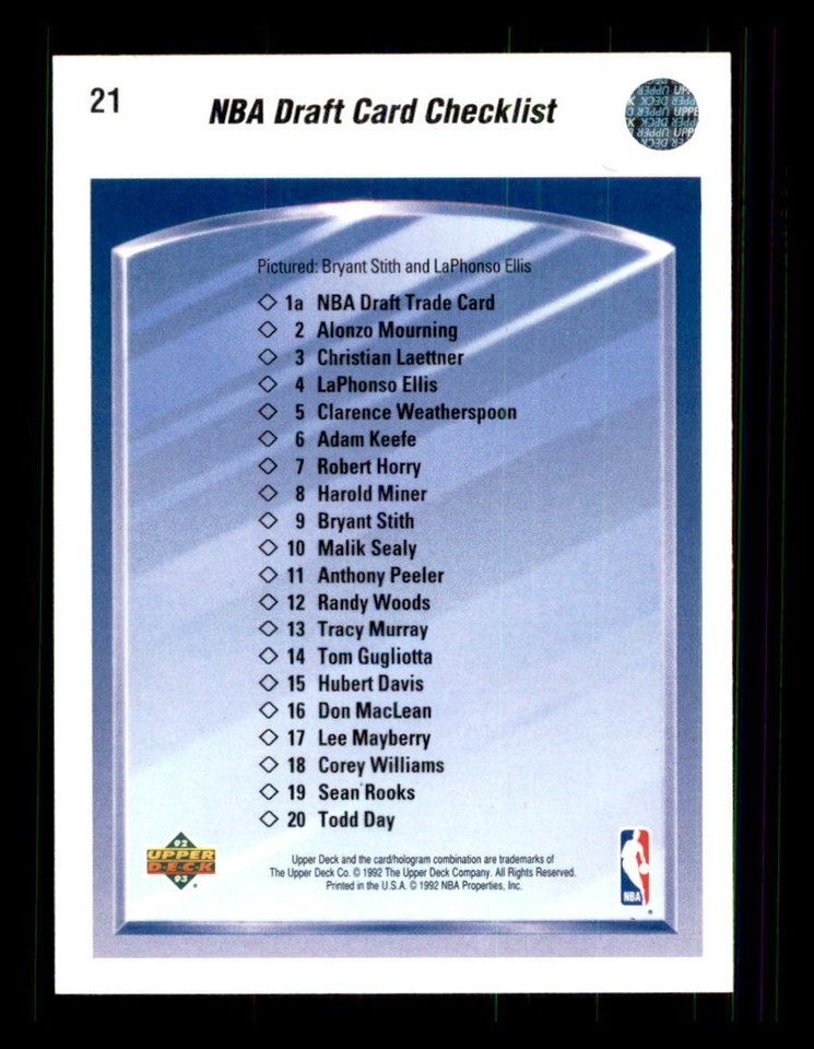 1992 Basketball UD NBA Draft Card Checklist DPK, CL Denver Nuggets #21 ...