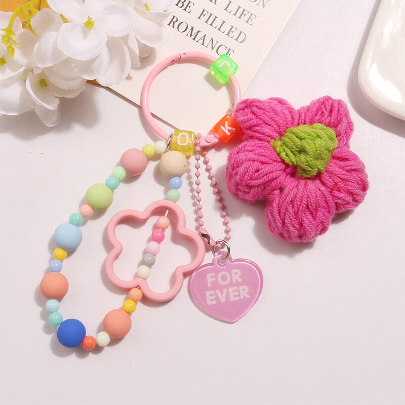 Cartoon Wool Knitted Flowers Key Chains Beaded Wristlet Lanyard ...