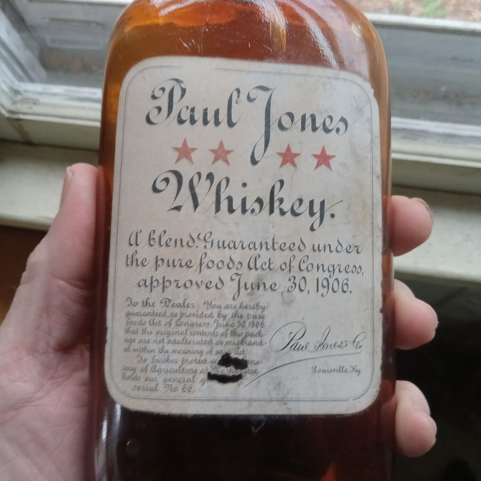 PAUL JONES EMB WITH 1906 LABEL AMBER PINT WHISKEY FLASK LOUISVILLE,KY ...