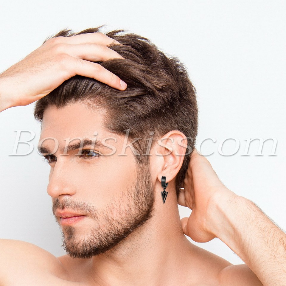 2pcs Mens Womens Stainless Steel Hoop Huggie Drop Dangle Triangle Rivet ...