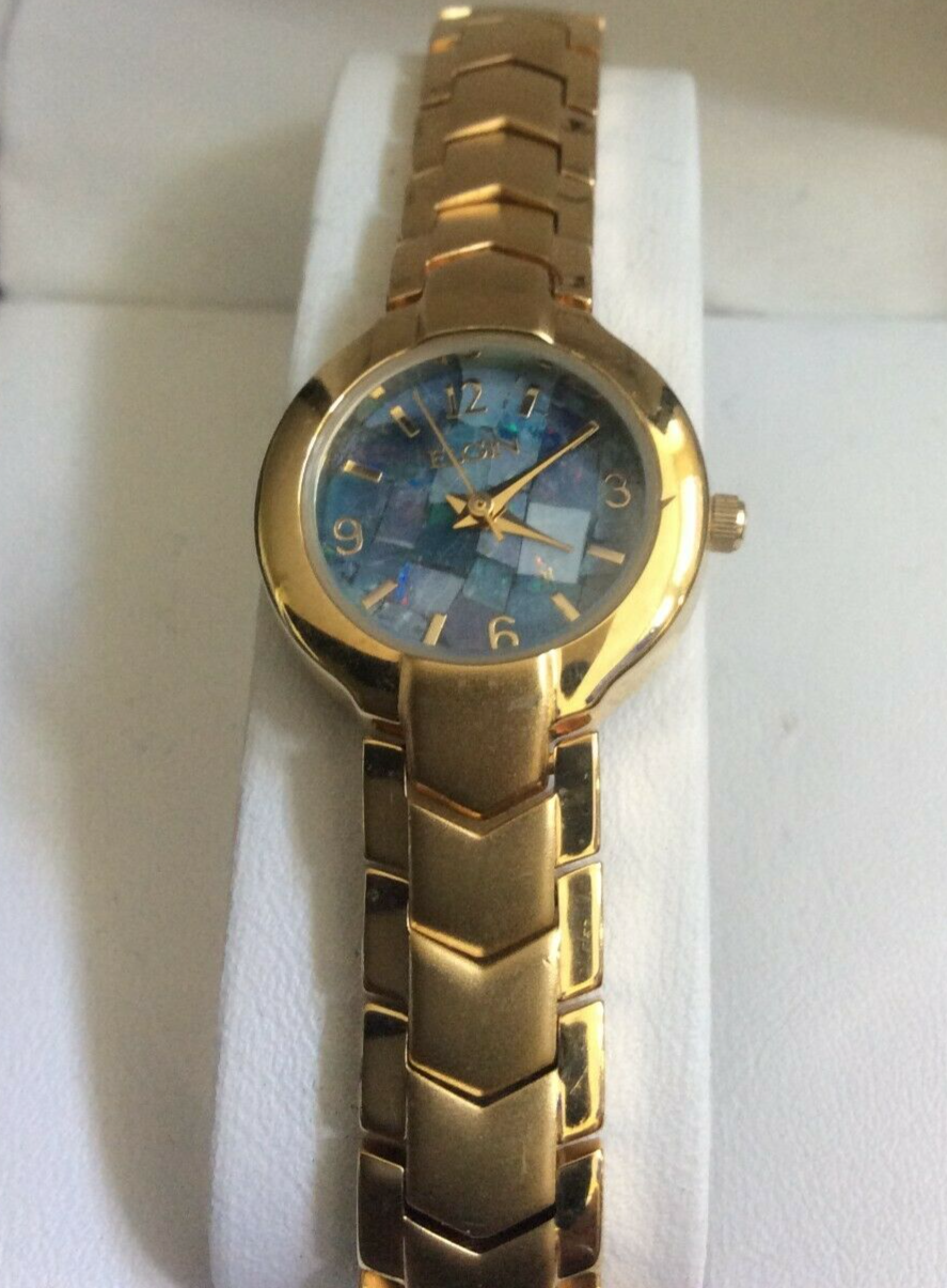 Elgin Women's Gold Watch Round Abalone Dial on a Gold Linked Band New ...