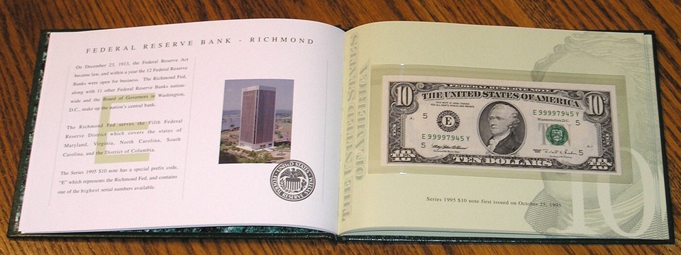 BEP $10 Premium Federal Reserve Currency Series 1995 Set in OGP (1516 ...