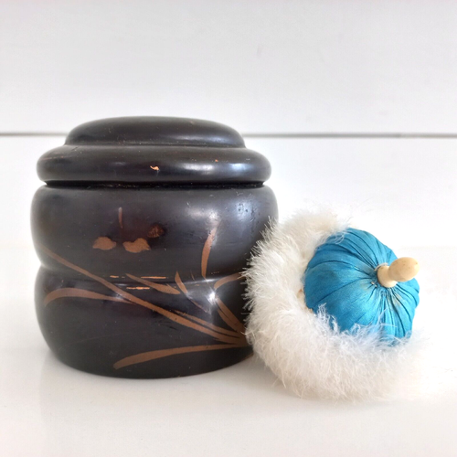 Antique Silk and Swans Down Feather Powder Puff and Lacquer Wood Powder ...