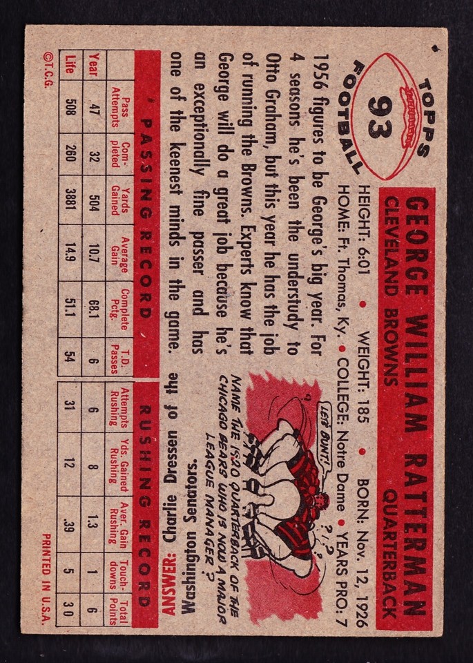 1956 TOPPS #93 GEORGE RATTERMAN BROWNS | eBay