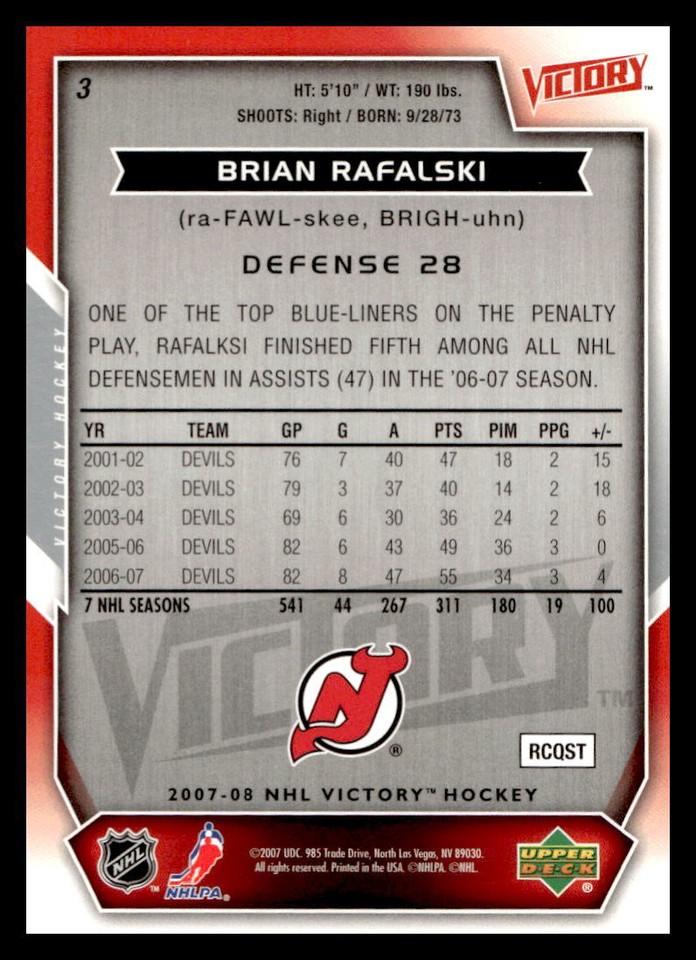 2007 Upper Deck Victory #3 Brian Rafalski New Jersey Devils | eBay