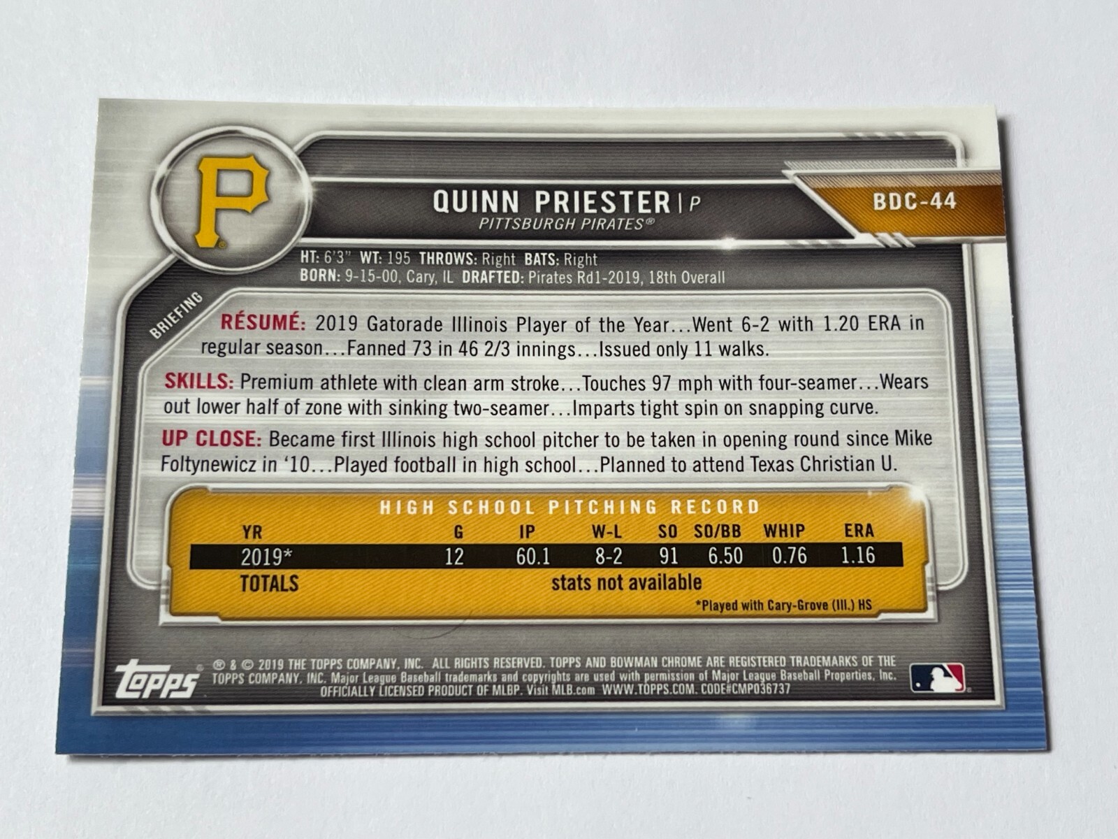 2019 Bowman Draft Chrome Atomic Refractor Quinn Priester #BDC-44 ...