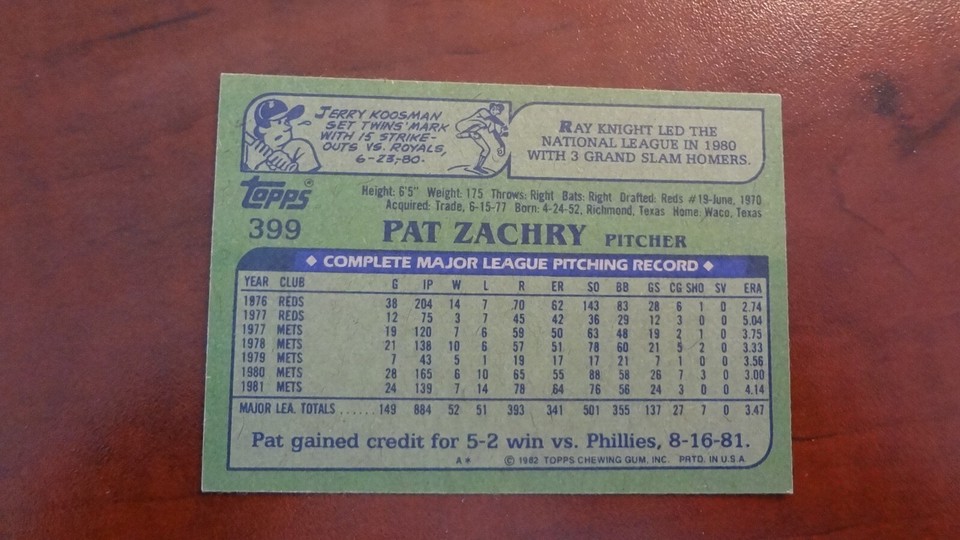 1982 TOPPS #399 PAT ZACHRY BASEBALL CARD | eBay
