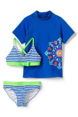 LANDS' END Toddler Girl 2T Blue Stripe Bikini & Rashguard 3-Pc Swim Set ...