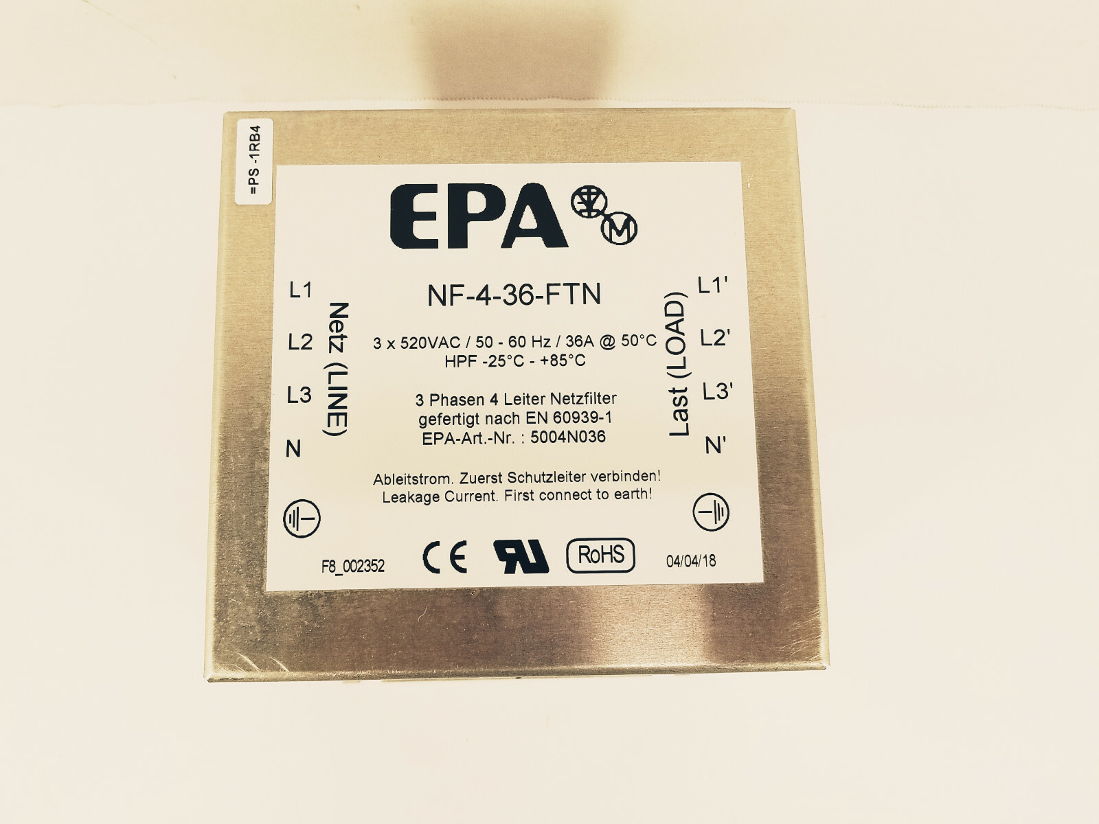 EPA NF-4-36-FTN Three Phase w/ Neutral Filter 520V, 50/60Hz, 36A ...