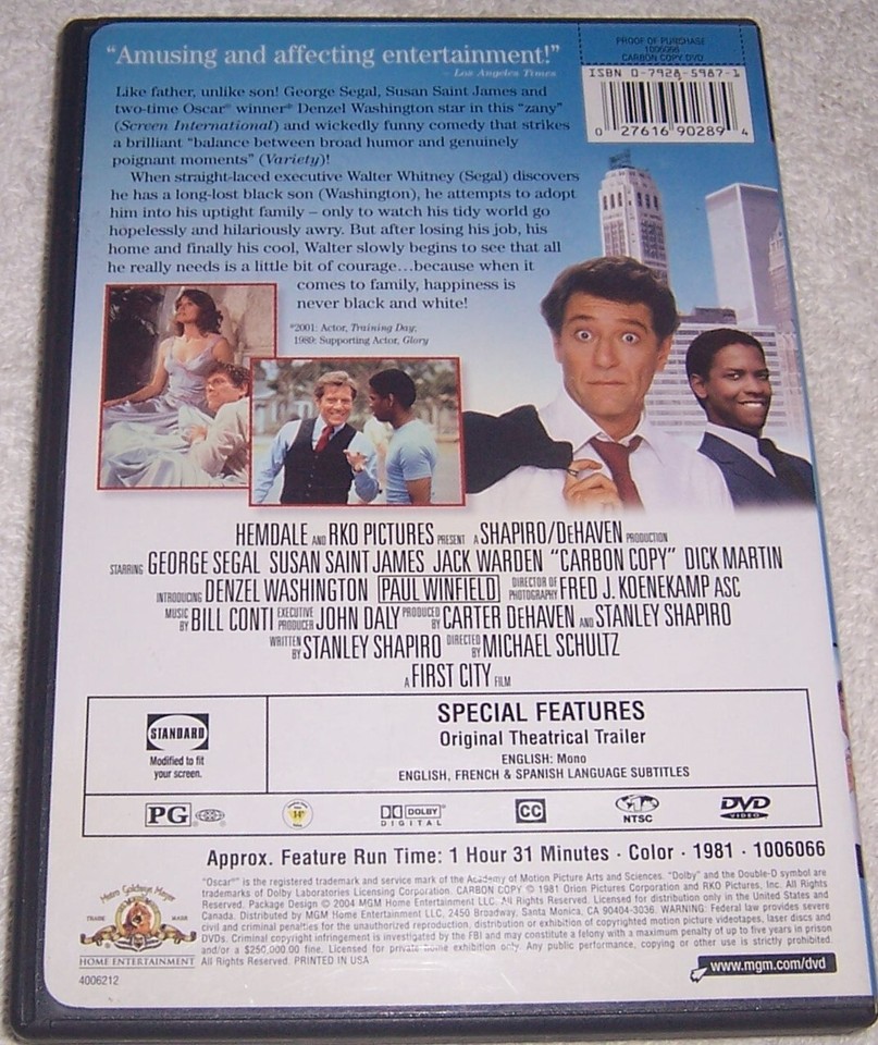 Carbon Copy DVD George Segal Susan Saint James Jack Warden Denzel ...